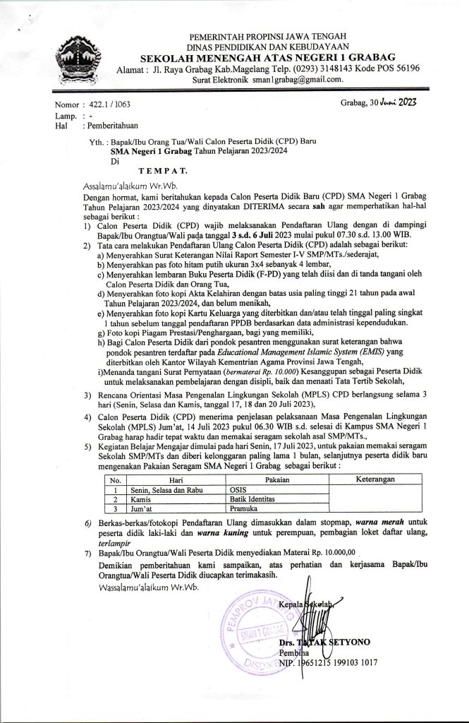 Teknis Daftar Ulang PPDB SMAN 1 GRABAG Tahun Pelajaran 2023/2024 - SMA Negeri 1 Grabag